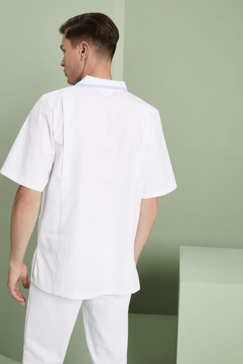 Men's Classic Collar Healthcare Tunic, White With Sky Blue Trim,